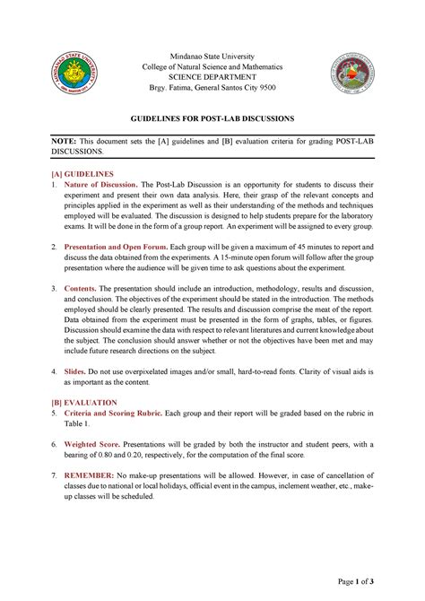 BIO Guidelines For Post Lab Discussions Page Of Mindanao State University College Of