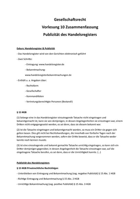 Gesellschaftsrecht 10 Gesellschaftsrecht Vorlesung 10 Zusammenfassung