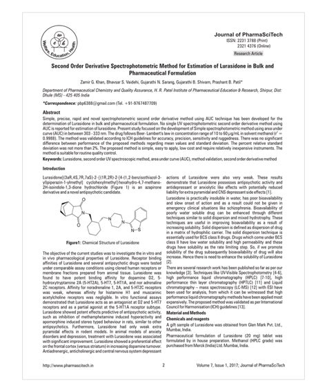 Pdf Second Order Derivative Spectrophotometric Method For Estimation Of Lurasidone In Bulk And