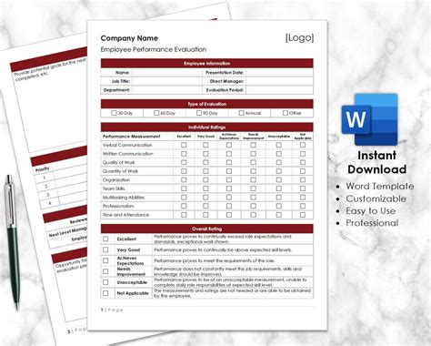 Ms Word Employee Performance Evaluation Template Etsy