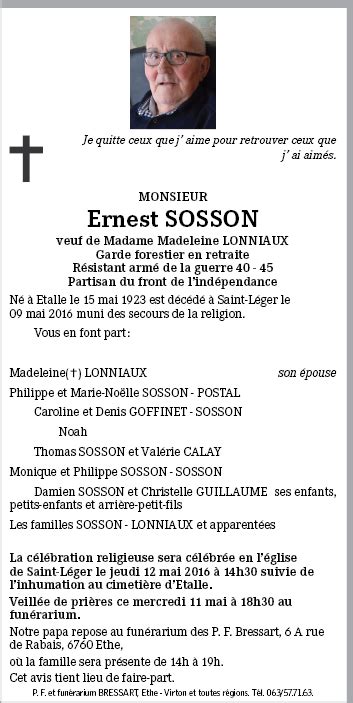 Ernest Sosson De Saint Léger Annonce De Décès Sur Enmemoirebe En