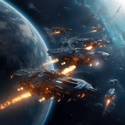Premium Ai Image Spaceships Flying In Formation In A Space With A Planet In The Background