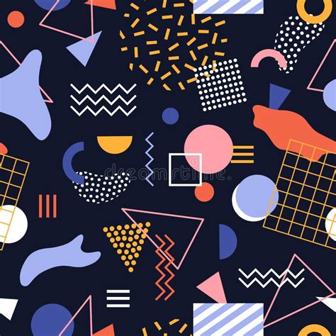 Seamless Pattern With Geometric Shapes Stains Zigzag Lines And Dots On Black Background