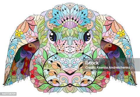 젠탱글 토끼 머리 채색을위한 손으로 그린 장식 벡터 일러스트 레이 션 0명에 대한 스톡 벡터 아트 및 기타 이미지 0명