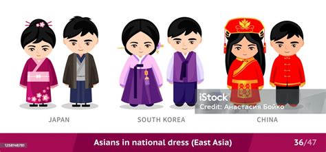 일본 한국 중국 전국 드레스를 입은 남성과 여성 민족 전통 의상을 입고 아시아 인의 세트 관광에 대한 스톡 벡터 아트 및 기타 이미지 Istock