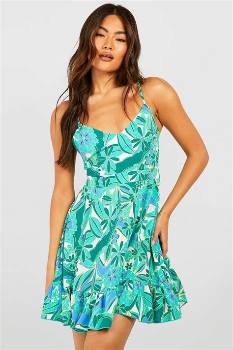 Floral Print Tie Back Ruffle Swing Dress Boohoo Usa