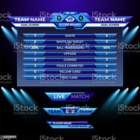 스포트라이트가있는 축구 또는 축구 리그 세계 토너먼트에 대한 스코어 보드 방송 통계 점수판에 대한 스톡 벡터 아트 및 기타 이미지 점수판 0명 경기장 Istock