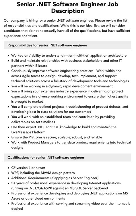 Senior Net Software Engineer Job Description Velvet Jobs