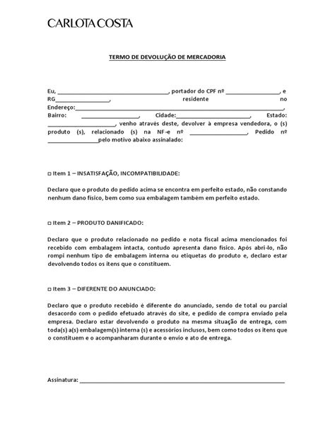 Termo De Devolucao De Mercadoria Pdf