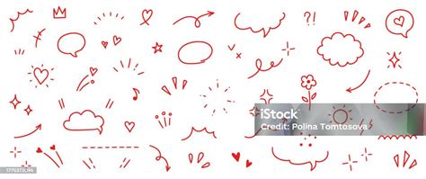 귀여운 빨간 선 아이콘 스케치 요소 손으로 그린 빨간 선 스케치 텍스트 장식 별 반짝임 화살표 하트 요소 세트 간단하게 그려진 태양 반짝임 꽃 강조 기호 배경 벡터