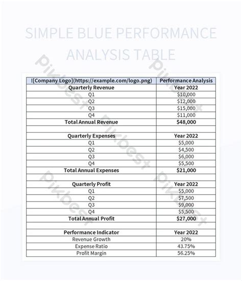 simple blue performance analysis table excel template free download