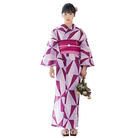 Kimonomachi 浴衣 セット レディース 大人 浴衣セット 浴衣3点セット（浴衣＋帯＋おまかせ下駄） 07パープル レトロ幾何学