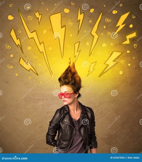 Jonge Vrouw Met Haarstijl En Hand Getrokken Bliksem Stock Foto Image