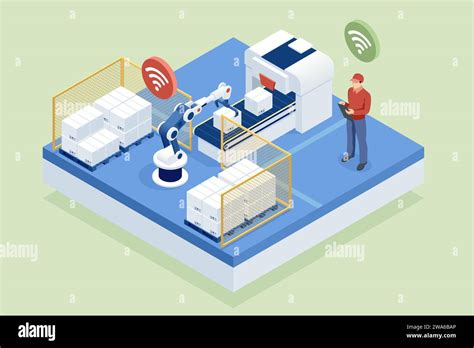 Isometric Automated Packaging And Distribution System Automated Warehouse Autonomous Robot