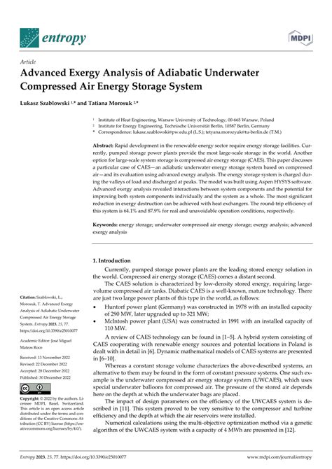 Pdf Advanced Exergy Analysis Of Adiabatic Underwater Compressed Air Energy Storage System