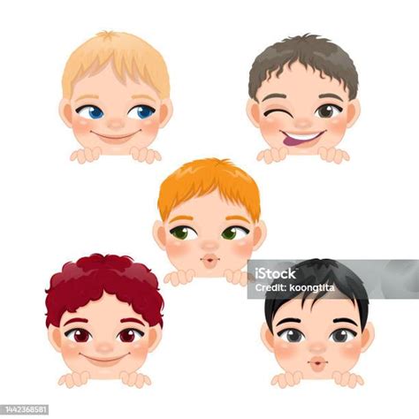 귀여운 까꿍 어린 소년 또는 아이 엿보기 소년 컬렉션과 다른 헤어스타일 벡터 일러스트 레이 션 감정에 대한 스톡 벡터 아트 및