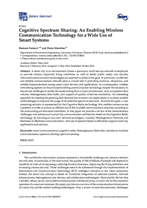 Pdf Cognitive Spectrum Sharing An Enabling Wireless Communication Technology For A Wide Use