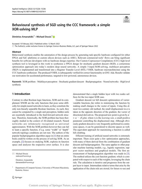 Behavioural Synthesis Of Sgd Using The Ccc Framework A Simple Xor Solving Mlp Request Pdf