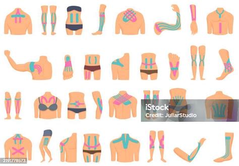 Kinesio 테이핑 아이콘 만화 벡터 설정 벽지 휘트니스 체육관 근육 서포트 테이프에 대한 스톡 벡터 아트 및 기타 이미지 근육 서포트 테이프 만화 모션 Istock