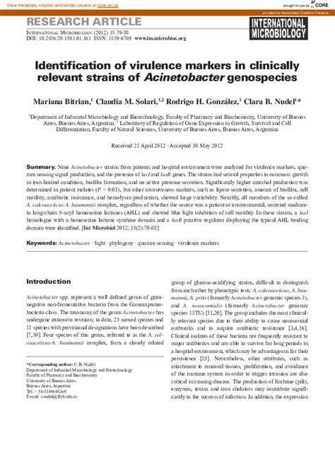 Pdf Identification Of Virulence Markers In Clinically Relevant Strains Of Acinetobacter