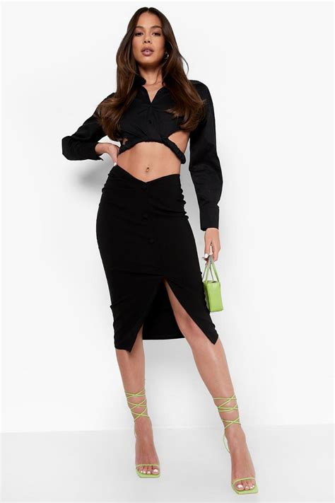 Button Front Woven Split Front Midi Skirt Boohoo
