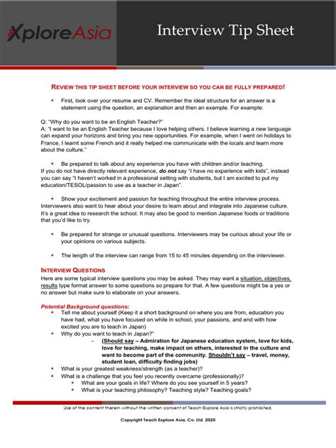 Japan Interview Tip Sheet Pdf Teachers Experience