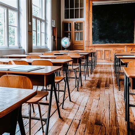 Neatly Arranged Desks In A Spacious Empty Classroom With Large Stock