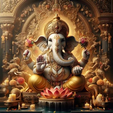 Lord Ganesha Seated Gracefully Among Lotus Flowers In A Serene Glowing