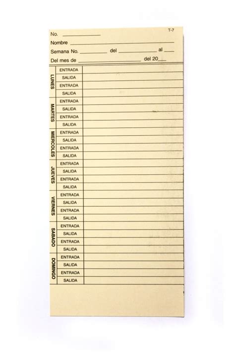 Tarjeta Checadora Semanal T 7 Tarjetas Para Relojes Checadores