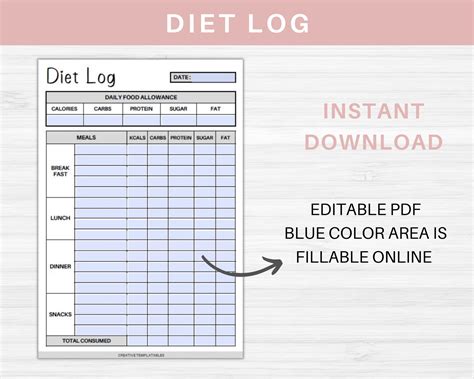 Diet Log Editable Diet Tracker Food Dairy Tracker Food Etsy