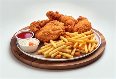 Un Plato De Pollo Frito Y Papas Fritas Con Salsa De Tomate Foto Premium