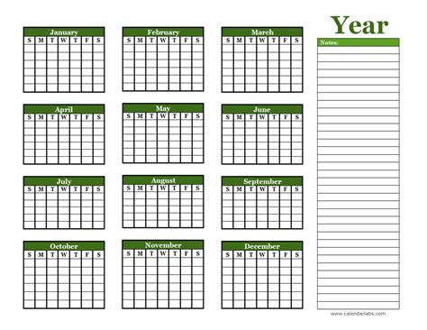 Blank Yearly Calendar Printable One Page
