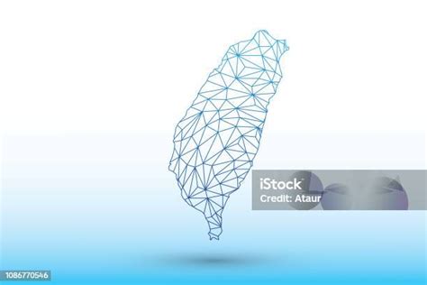 대만 지도 벡터 파란색 밝은 배경 그림 의미 강력한 네트워크에 삼각형을 사용 하 여 기하학적 연결된 라인의 0명에 대한 스톡