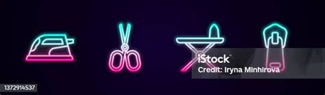 세트 라인 전기 철 가위 다림질 보드와 지퍼 빛나는 네온 아이콘 벡터 가사 집안일에 대한 스톡 벡터 아트 및 기타 이미지