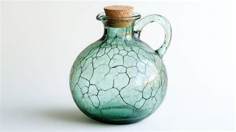 Green Glass Jug With Handle And Cork Stopper Mottled Appearance With