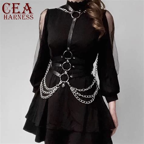 Cea 여성용 가죽 하네스 벨트 바디 체인 펑크 스타일 Pu 가죽 벨트 섹시한 바디 본디지 고딕 브래지어 가터가터 Aliexpress