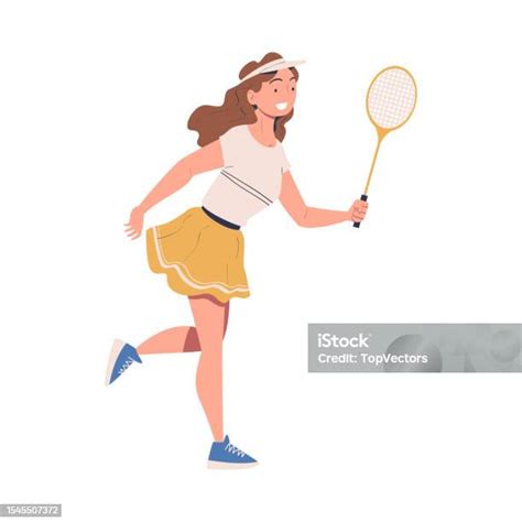 테니스를 치는 귀여운 행복한 소녀 코트 만화 벡터 일러스트레이션에 라켓 훈련을 하는 웃는 젊은 여자 건강한 생활방식에 대한 스톡