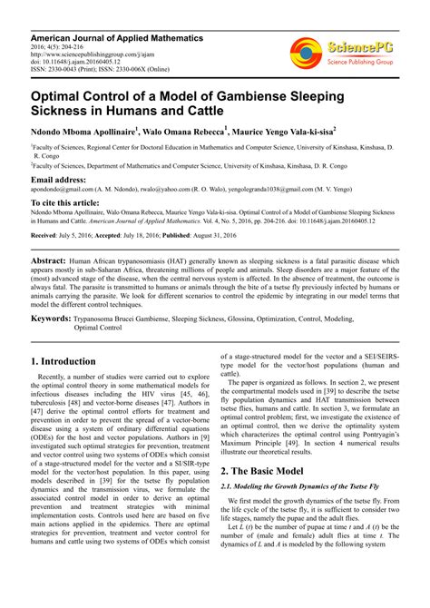 Pdf Optimal Control Of A Model Of Gambiense Sleeping Sickness In Humans And Cattle