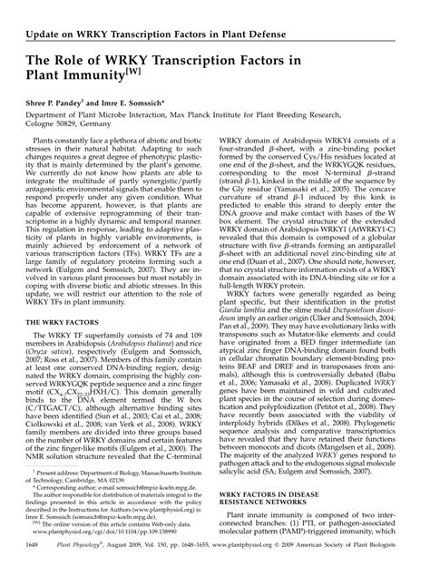 Pdf The Role Of Wrky Transcription Factors In Plant Immunity