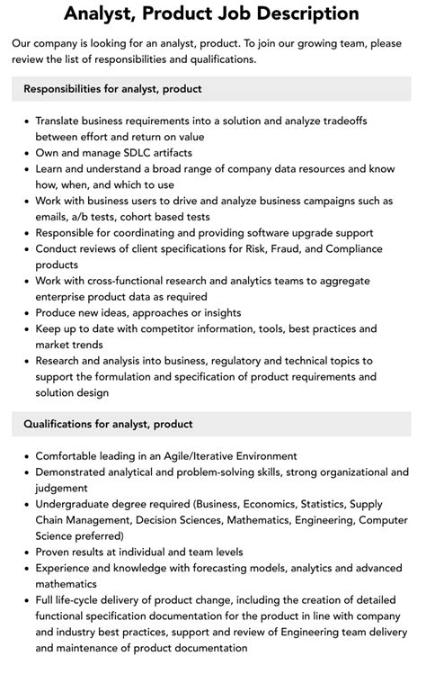 Analyst Product Job Description Velvet Jobs