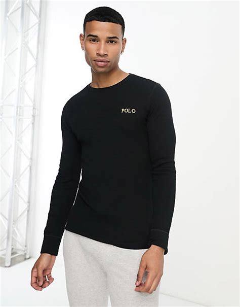 Polo Ralph Lauren Svart Mysig Våfflad T Shirt Med Långa ärmar Och