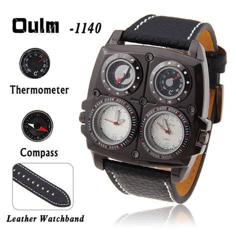 Oulm Adventure Mens Quartz Military Leather Band Watch With Compass