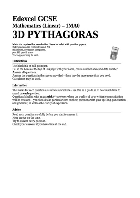 3d Pythagoras Edexcel Gcse Worksheet Printable Pdf Download