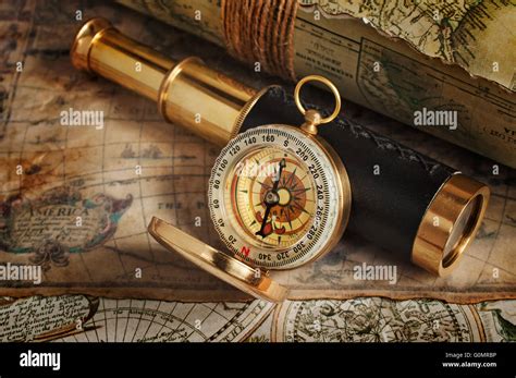 Set Of Vintage Instruments For Navigation Compass Telescope And Map