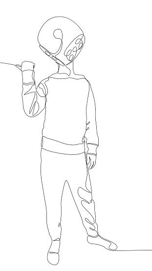 주사위를 머리로 가리키는 남자의 연속적인 라인 변장으로 행운의 상징 가는 선 그림 벡터 개념입니다 등고선 그리기 창의적인 아이디어 가능성에 대한 스톡 벡터 아트 및 기타