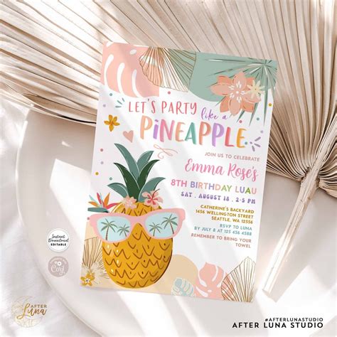 Editable Any Age Girl Tropical Party Like A Pineapple Invitation Luau