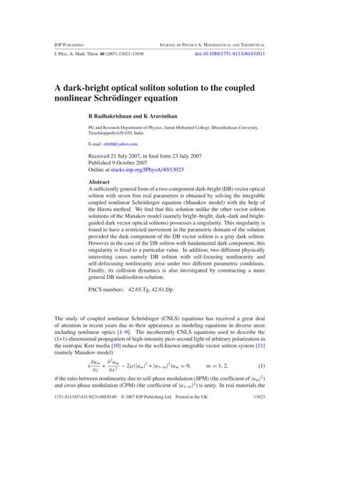 Pdf A Dark Bright Optical Soliton Solution To The Coupled Nonlinear