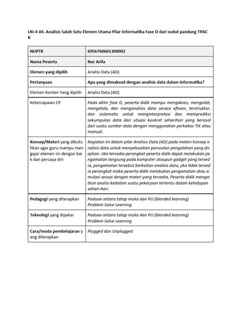 Lki 4 04 Analisis Salah Satu Elemen Utama Pilar Informatika Fase D Dari Sudut Pandang Tpack Pdf