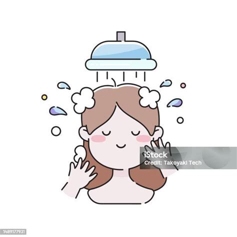 소녀는 머리에 샴푸를 씌운다 샴푸로 머리를 감고 있는 젊은 여자 여성 캐릭터가 샤워를 한다 벡터 귀여운 현대 그림입니다 건강한