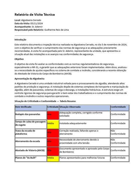 Relatório De Visita Técnica Pdf Algodão